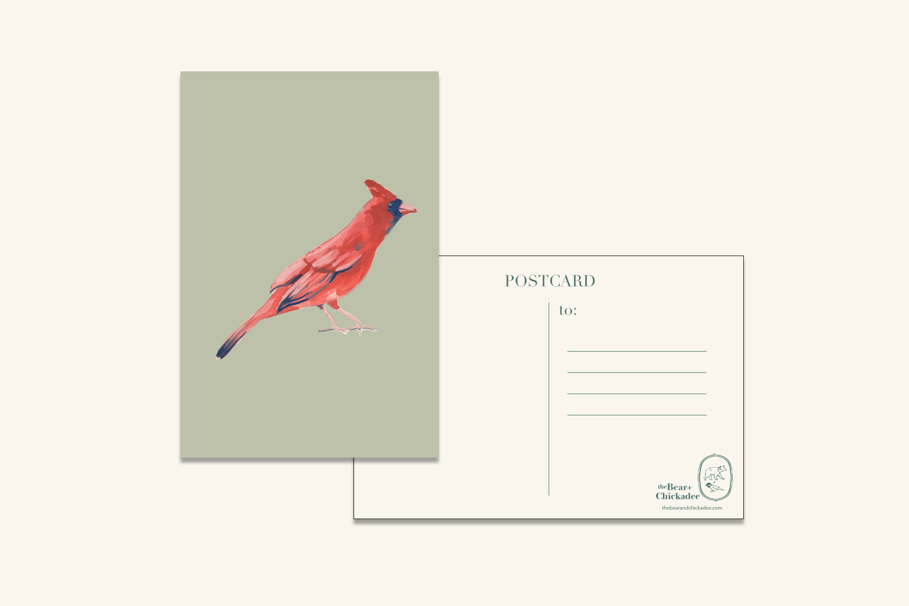 Cardinal Post Card – The Bear and Chickadee